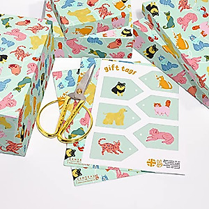 CENTRAL 23 Dog Wrapping Paper - Cat Birthday Wrapping Paper - 6 Sheets Gift Wrap - Vegan Ink - Green Birthday Gift Wrap - Pastel Color - Comes With Cute Stickers