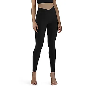 ODODOS Women's Cross Waist Yoga Leggings with Inner Pocket, Full Length Running Tights Sports Athletic Workout Legging Pants-Inseam 28", Black, Medium