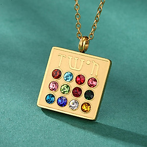 LIKGREAT Hebrew Inscription Birthstone Necklace 12 Tribes of Israel Breastplate Amulet Pendant Judaic Hoshen High Priest Jewelry (gold tone)