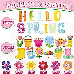 68 Pcs Hello Spring Cut Outs with 100 Pcs Glue Points Spring Floral Cut Outs Spring Bulletin Board Set Flower Plants Spring Cutouts Bulletin Board Decorations for Classroom School Game (Fresh Style)