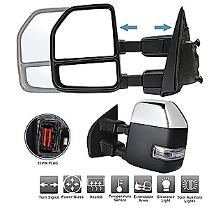 ReYee Towing Mirrors fit for 2017 2018 2019 2020 Ford F250 F350 F450 F550 Super Duty with Power Adjusted Heated Turn Signal Light Auxiliary Lamp Temperature Sensor Chrome Cap
