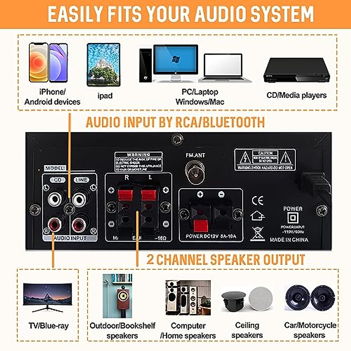 Sunbuck Max 400Wx2 Power Amplifier, 2 Channel Stereo Amplifier, Stereo Receivers with Bluetooth 5.0, Outdoor Speaker Receiver with Remote Control, Hi-Fi Small Amplifier for Speakers, AS-35BU