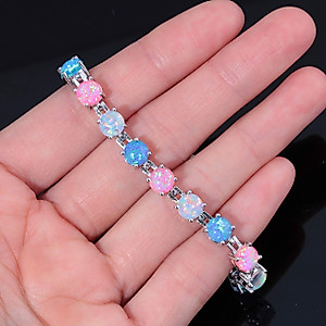 CiNily Created White Blue Pink Fire Opal Rhodium Plated for Women Jewelry Gemstone Bracelet 7"-8 1/2"