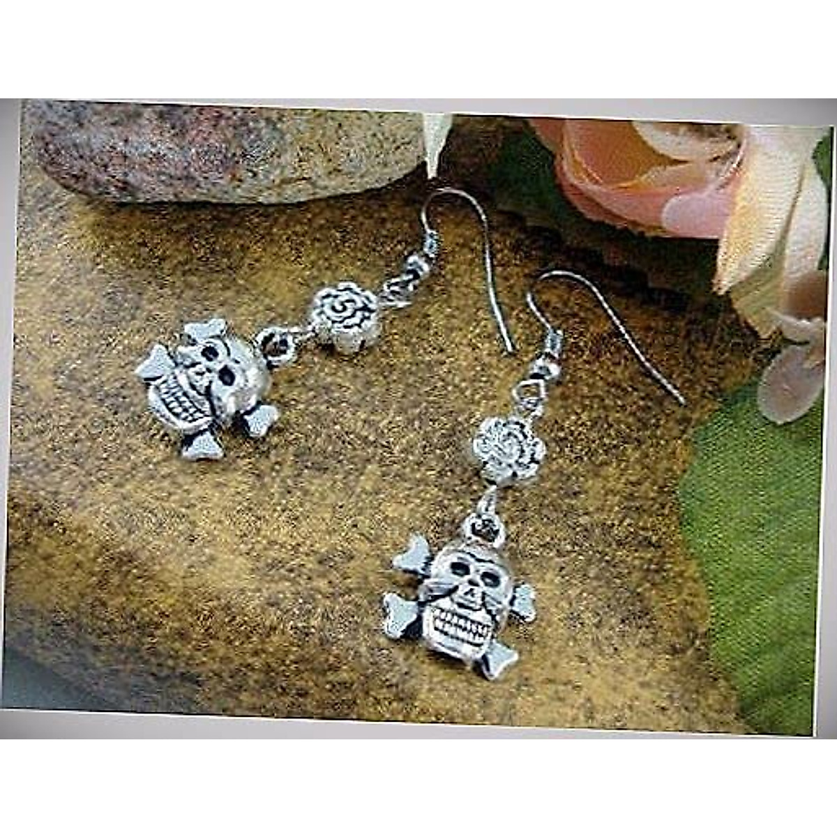 Pair Tibetan Silver Delicate Carved Skull Beaded Amulet Earrings