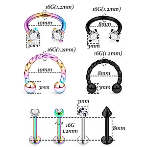 Vsnnsns 16G Lip Rings Stainless Steel Horseshoe Labret Monroe Lip Rings Nail Cartilage Tragus Helix Earrings Studs Septum Ring Medusa Piercing Jewelry Retainer for Women Men Black Rainbow 8mm