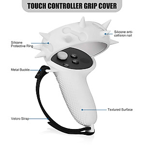 MASiKEN Controller Grips Cover with Face Cover for Meta Oculus Quest 2, Anti-Throw Grips Spike Cover with Adjustable Wrist Strap and Sweatproof Silicone Face Pad, Quest 2 Accessories Kit (White)