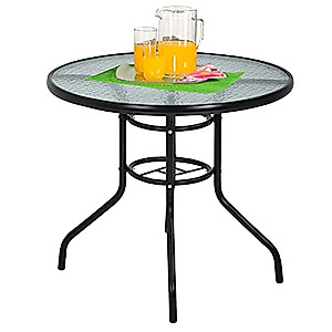 FDW with Umbrella Hole Outdoor Dining Round Tempered Glass All Weather Outside Clearance Patio Table for Yard Bistro Lawn Balcony, Black