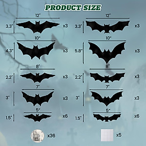 36 Pack Halloween Light-Up Bats Wall Decor, Removable 3D Bat Stickers for Window and Wall Decorations, Indoor and Outdoor Use (Bat-A)