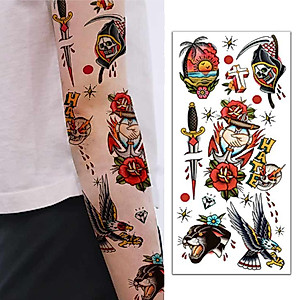 PUSNMI 120×260mm Classic Temporary Tattoo Sailor Jerry Temporary Tattoos for Women Men Cool Skull Tattoo for Arm Leg Face Lasting Mix Style Body Art Tattoos for Halloween Club