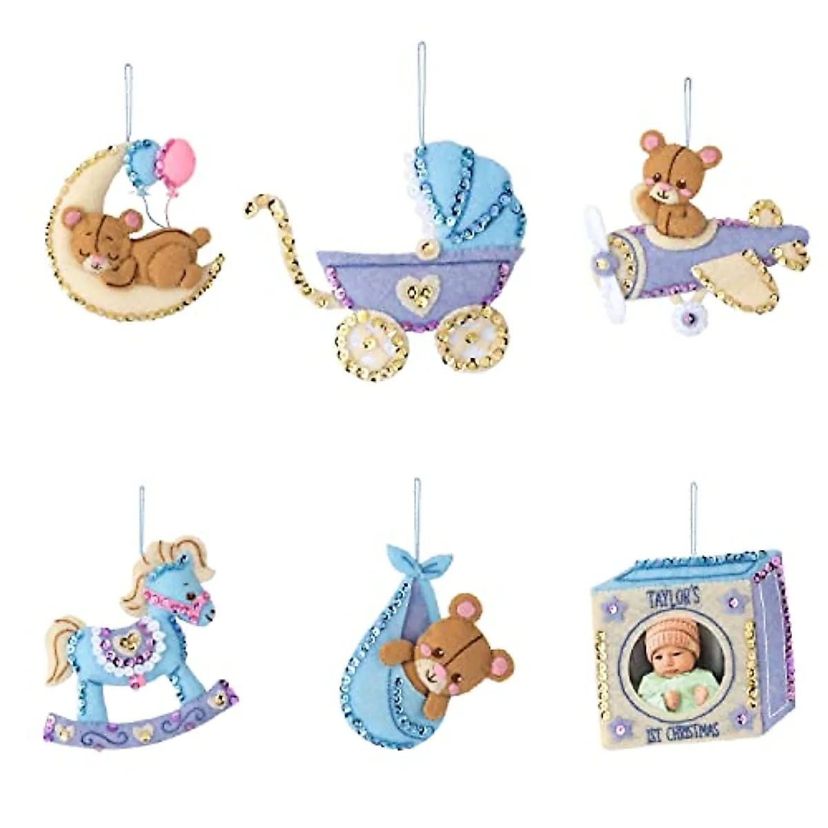 Bucilla Felt Applique 6 Piece Ornament Making Kit, Baby's First Christmas, Perfect for DIY Arts and Crafts, 89567E