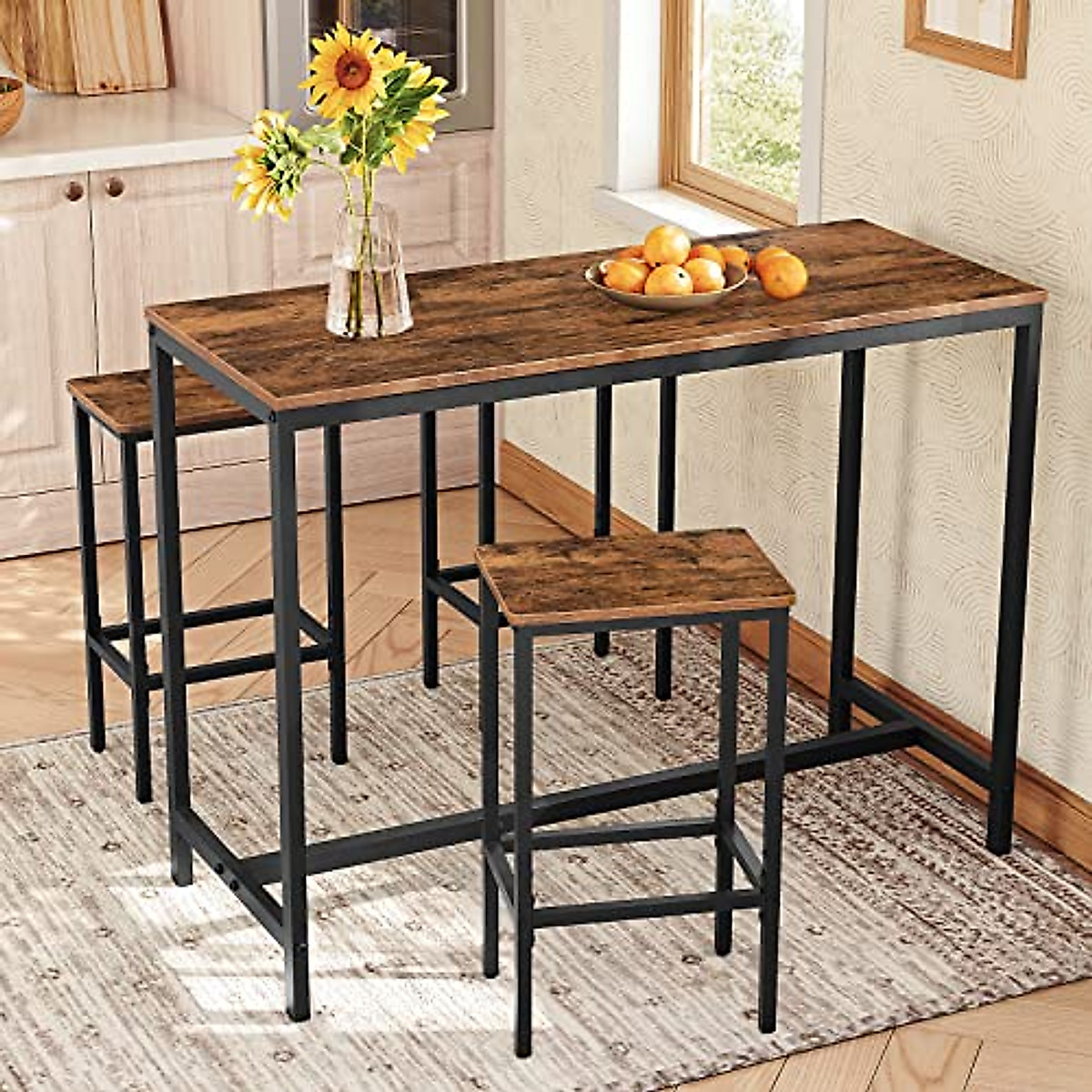 ALLOSWELL Bar Stools, Set of 2 Bar Chairs, Kitchen Breakfast Bar Stools with Footrest, 25.8" Dining Stools, Rectangular Industrial Bar Chairs, for Dining Room, Kitchen,Rustic Brown BAHR0101
