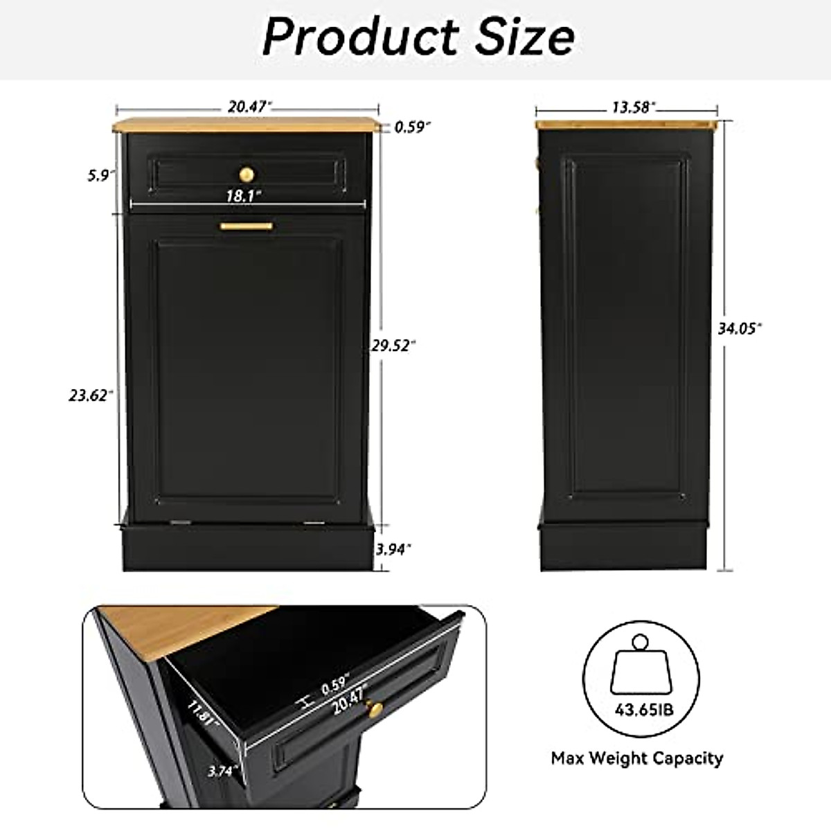 Anbuy Tilt Out Trash Cabinet Can Bin Kitchen Wooden Trash Can Free Standing Holder Recycling Cabinet with Hideaway Drawer Wooden Trash Holder (Black)