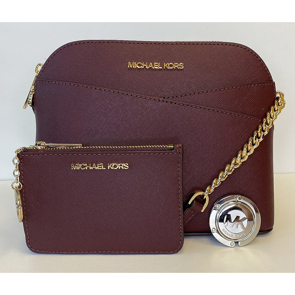Michael Kors MICHAEL Michael Kors Jet Set Travel MD Dome XCross Crossbody bundled with SM TZ Coinpouch Purse Hook (Merlot)