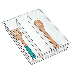 mDesign Plastic 3-Section Compact In-Drawer Utensil Storage Organizer Tray for Kitchen, Pantry; Holder for Silverware, Cutlery, Flatware, Large & Small Utensils, Spoon, Fork - Ligne Collection, Clear