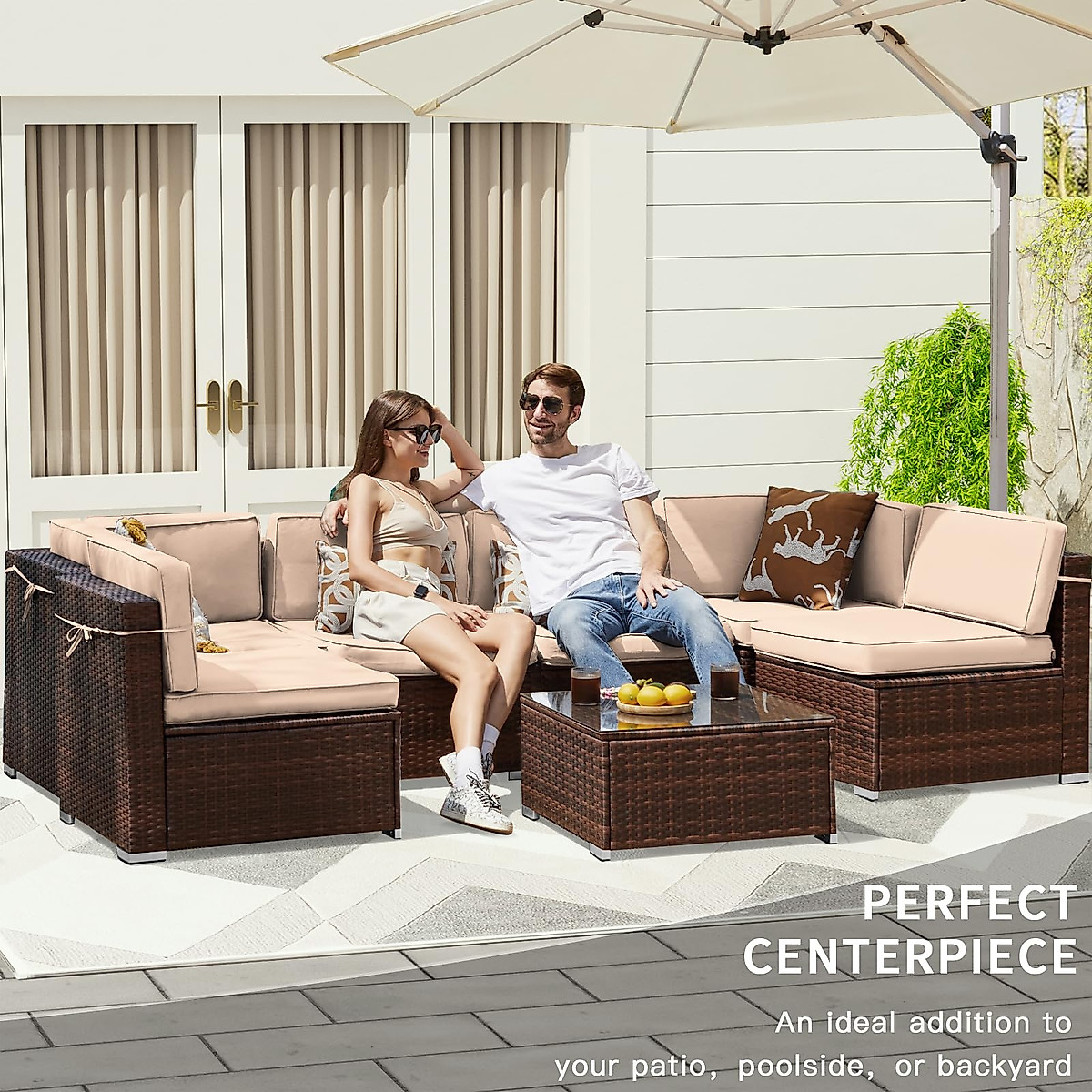 UDPATIO Outdoor Patio Furniture Sets 7 Pieces Outdoor Sectional Furniture, PE Rattan Sofa Wicker Patio Conversation Set with Cover for Deck Balcony Yard Poolside w/Coffee Table Thicken Cushions, Khaki