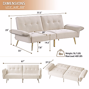 FCNEHLM 77.5” Futon Sofa Bed, Velvet Sofa Bed Futon Convertible Italian Velvet Futon Couch with Foldable Armrests and Adjustable Backrests with Magazine Bags, Sleeper Sofa Bed for Living Room, Beige