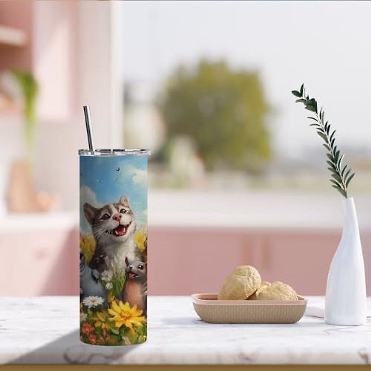 Tumbler with Lid and Straw Cartoon Animals in Flowers thermos coffee travel mugcute cups 20 oz insulated tumbler for Daily Holiday Decor Gift coffee cup
