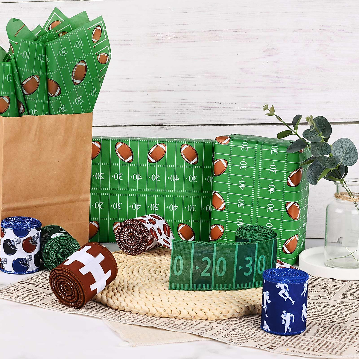 Kavoc 100 Sheets 20 x 14 Inch Football Tissue Paper Rugby Ball Wrapping Paper Sheets Bulk for Gift Wrapping Green Football Field Tissue Paper for Birthdays Party Gift Bag DIY Pompom Confetti Crafts