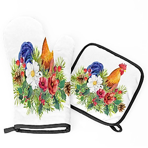 Rooster Bird Oven Mitts and Pot Holders Sets Heat Resistant Non Slip Oven Glove and Insulated Kitchen Counter Mat Suitable for Cooking Baking Grill