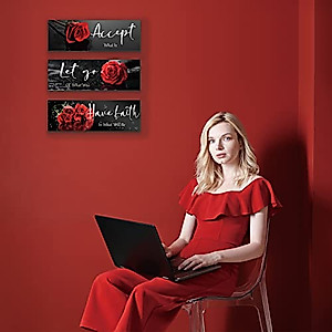 3 Pcs Red Decor Flower Inspirational Wooden Wall Art Red Roses Decor Office Wall Decor with Accept Let Go Have Faith Positive Quotes for Girl Women Bathroom Living Room Bedroom(Red Rose12 x 4 Inch)