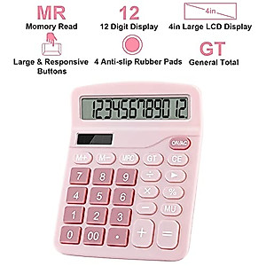Podokas Office Calculators Desktop, 12-Digit Battery Dual Power Cute Calculator with Large LCD Display Big Button for Office Home and School (Pink)