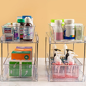 Zero Zoo 4Pack 2-Tier Bathroom Storage Organizer, Clear Under Sink Organizers Kitchen Vanity Counter Storage Container, Medicine Cabinet Drawers Bins, Pull-Out Organization with Track for Pantry