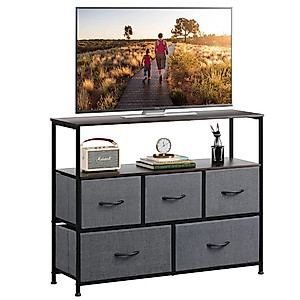 WLIVE Dresser TV Stand, Entertainment Center with Fabric Drawers, Media Console Table with Open Shelves for TV up to 45 inch, Storage Drawer Unit for Bedroom, Living Room, Entryway, Dark Grey