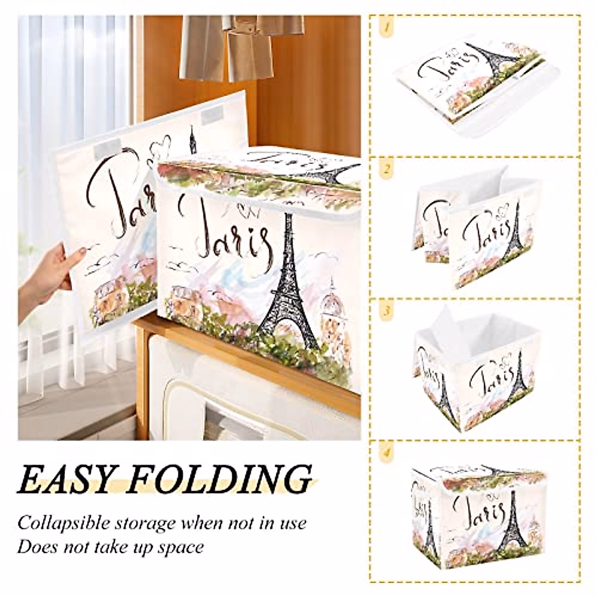 CaTaKu Paris Eiffel Tower Storage Bins with Lids and Handles, Fabric Large Storage Container Cube Basket with Lid Decorative Storage Boxes for Organizing Clothes