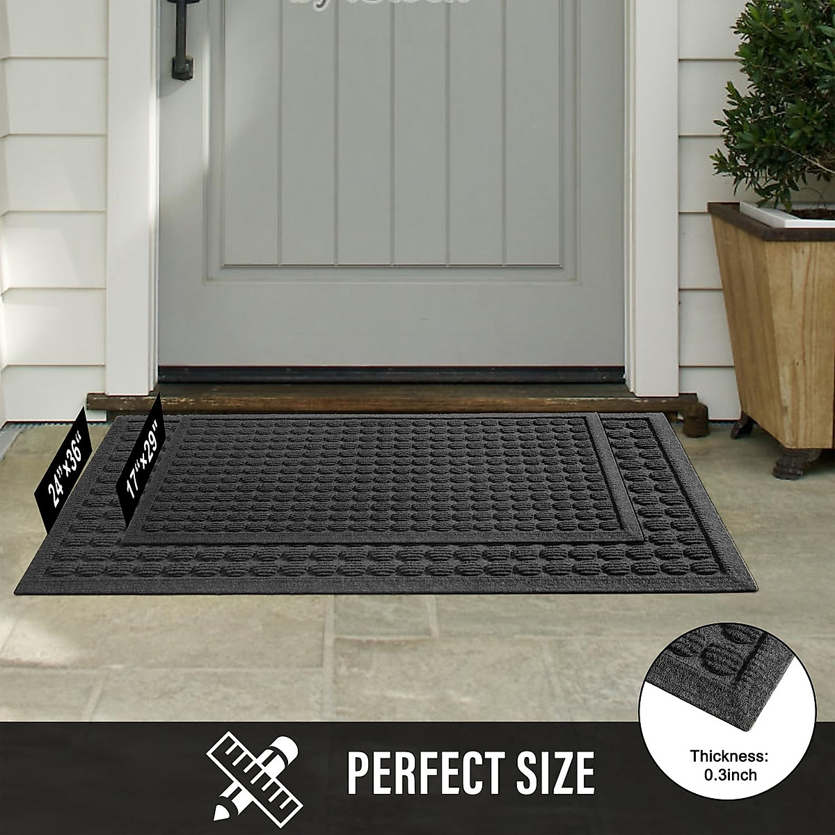 HIYARD Front Door Mat, Heavy Duty Welcome Door Mat Indoor Outdoor, Absorbent Doormat, Sturdy Non Slip Rubber, Stain and Fade Resistant, Low Profile Entry Mat for Outdoor Entrance, 29×17, Grey