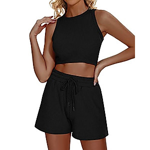 Funlingo Women's 2023 Waffle Knit Sleeveless Crop Top and Shorts Lounge Pajama Matching Sets Sweatsuits Tracksuits 2 Piece Summer Outfits Black M