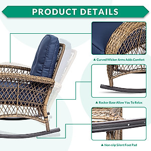 VIVIJASON 2 Piece Patio Wicker Rattan Rocker Chair, Outdoor Rattan Rocker Chair with Cushions & Steel Frame, All-Weather Rocking Lawn Wicker Furniture for Garden Backyard Porch (Navy Blue)