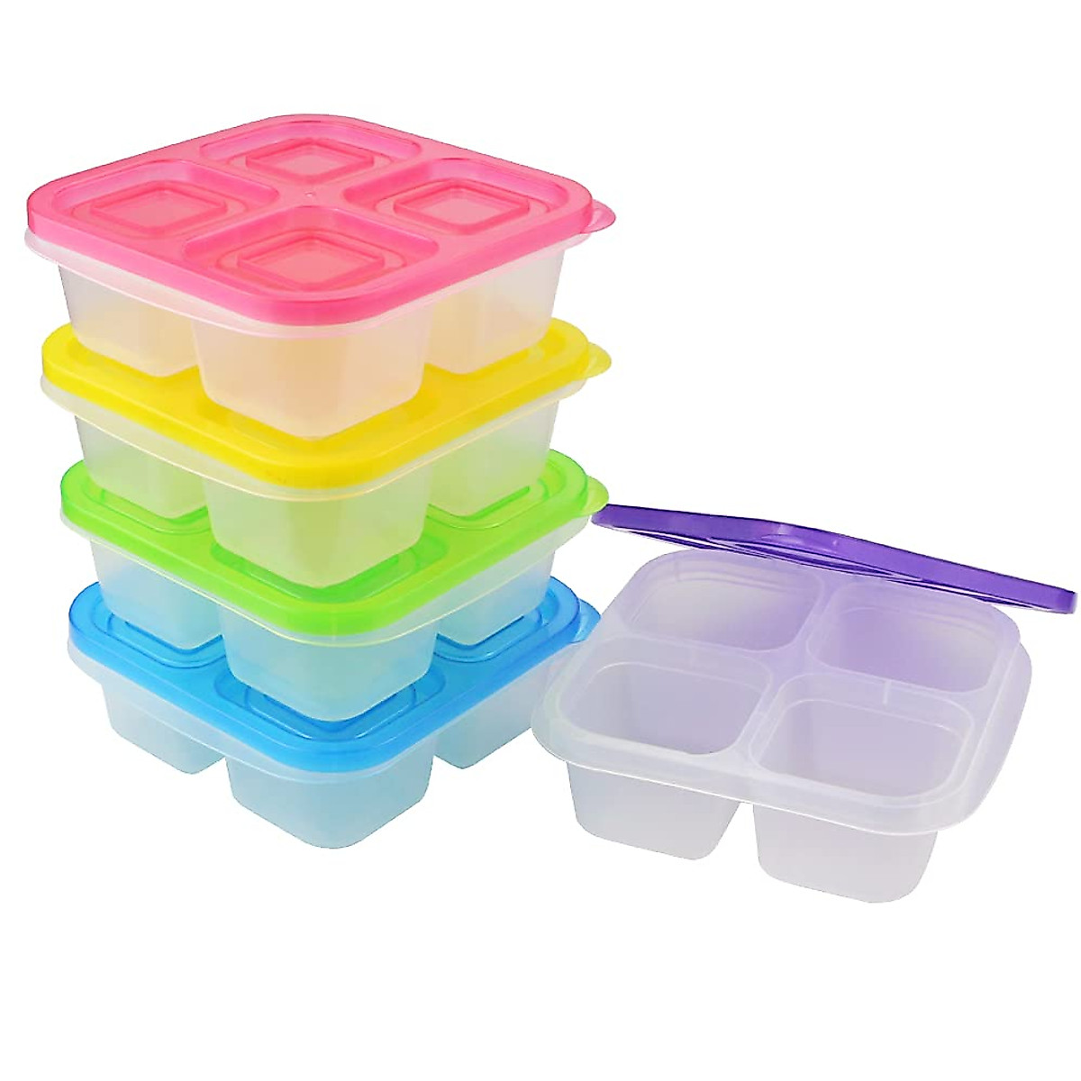 SKPPC Set of 5 Reusable Bento Snack Food Containers, 4 Compartments Leakproof Food Prep Containers for Travel, School and Work