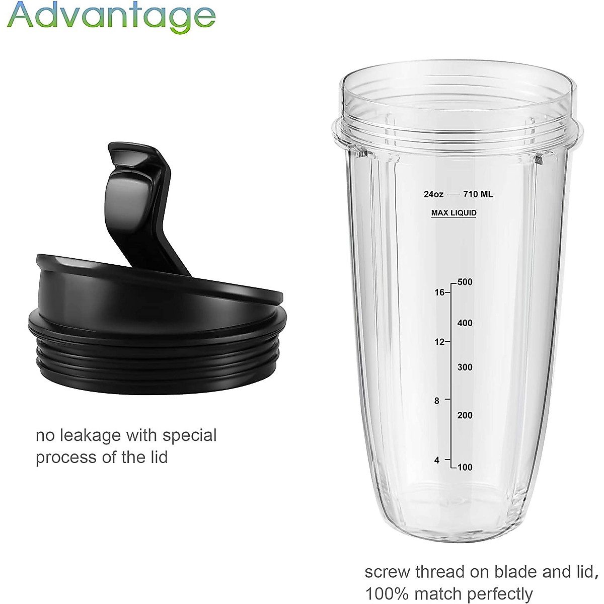 2-Pack 24oz Ninja Blender Cups with Sip & Seal Lid Blender Replacement Parts Compatible with Nutri Ninja Auto IQ Series Blenders BL450 BL454 BL456 BL480 BL481 BL482 BL490 BL640 BL642 BL682