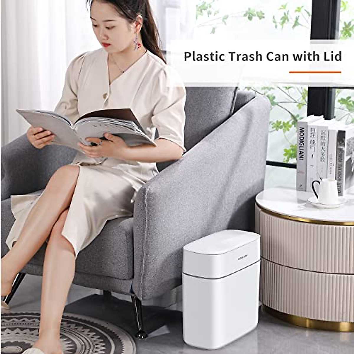 Garbage Can with Lid for Bathroom, JOYBOS Small Trash Can with Press Type Cover, Slim Narrow 14L Waste Bin, Suit for Bedroom, Laundry, Office, Kids Room, Living Room