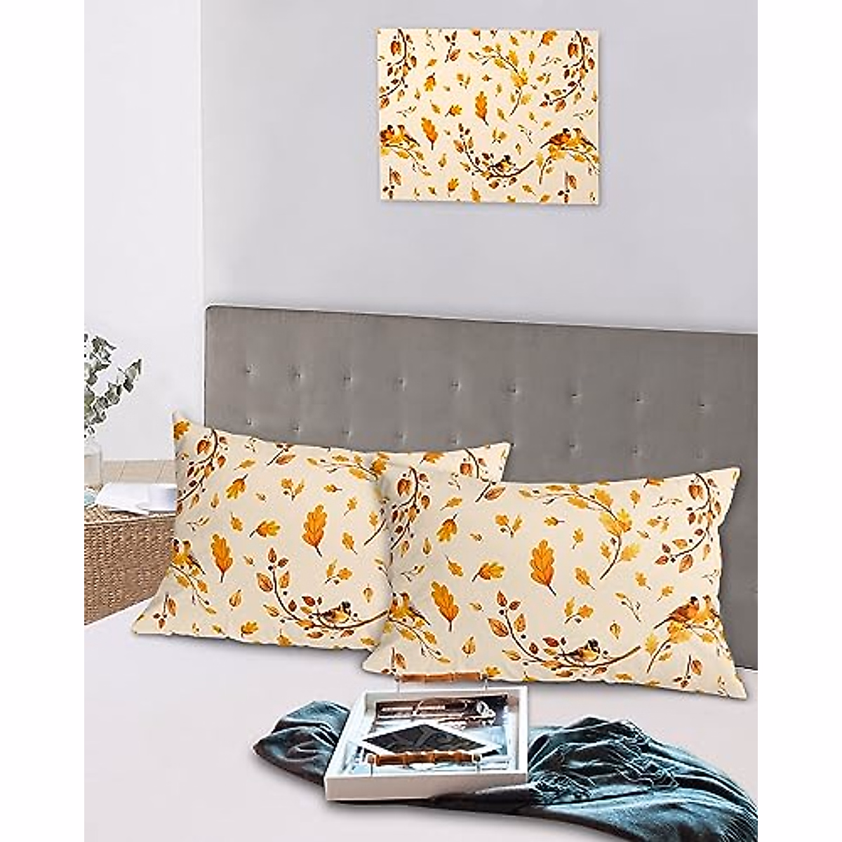 Edwiinsa Autumn Leaves Pillow Covers King Standard Set of 2 Bed Pillow, Farmhouse Fall Forest Maple Birds Plush Soft Comfort for Hair/Skin Cooling Pillowcases with Envelop Closure 20x36 Inches