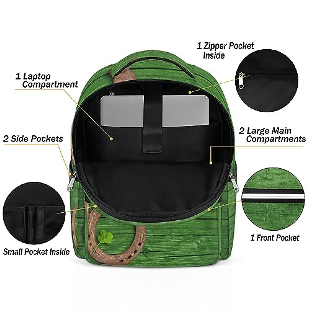 bisibuy St Patrick's Day Horseshoe Travel Laptop Backpack, 16.1 Inches Computer Backpack, Durable Water-Repellent Travel Backpack for Business College Women Men Gift