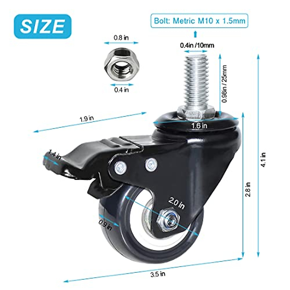2" Stem Caster Wheels Heavy Duty Threaded Swivel Caster Wheel No Noise Swivel Castors for Trolley, Workbench, Furniture, 440 Lbs Load Capacity Set of 4 (2 with Brake & 2 Without)