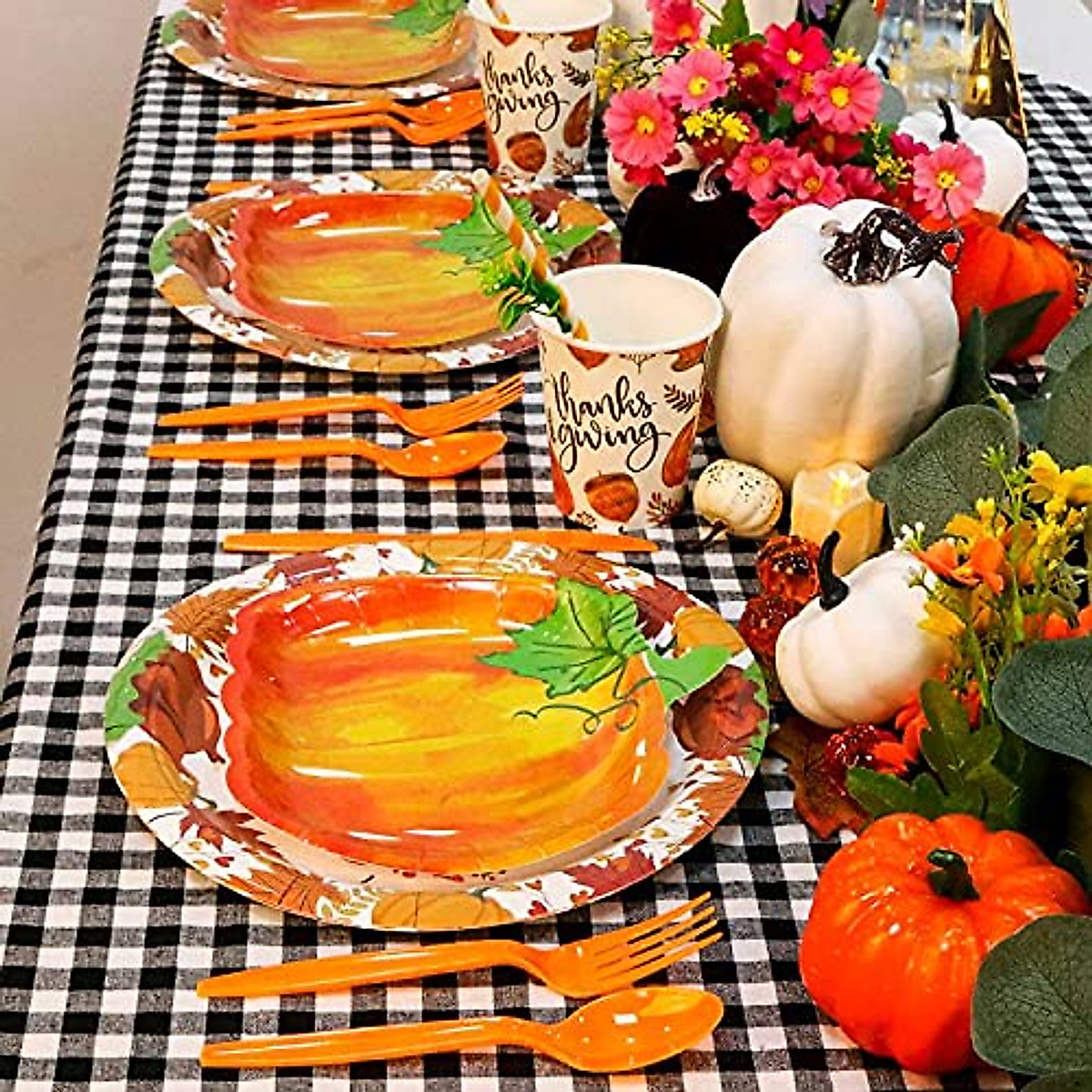 Disposable Thanksgiving Plate And Napkin Set - Pack of 72 - Fall Dinner Party Decorations - Thankful, Grateful Party Supplies - Cups, Cutlery Holder, Napkins Parties Pack - Pumpkins Turkey, Leaves