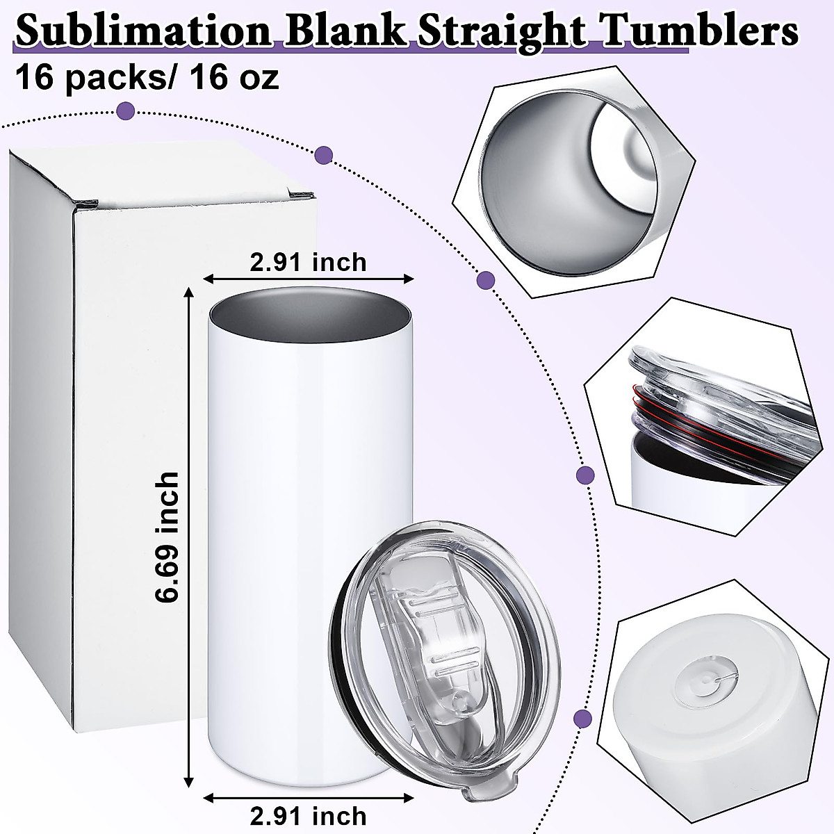 16 Pack Sublimation Skinny Tumbler Bulk 16oz Stainless Steel Straight Tumbler Slim Insulated Cup Set Double Wall Vacuum Water Tumbler Blanks White Cup with Lid for Art DIY Craft Coffee Gift Beverage