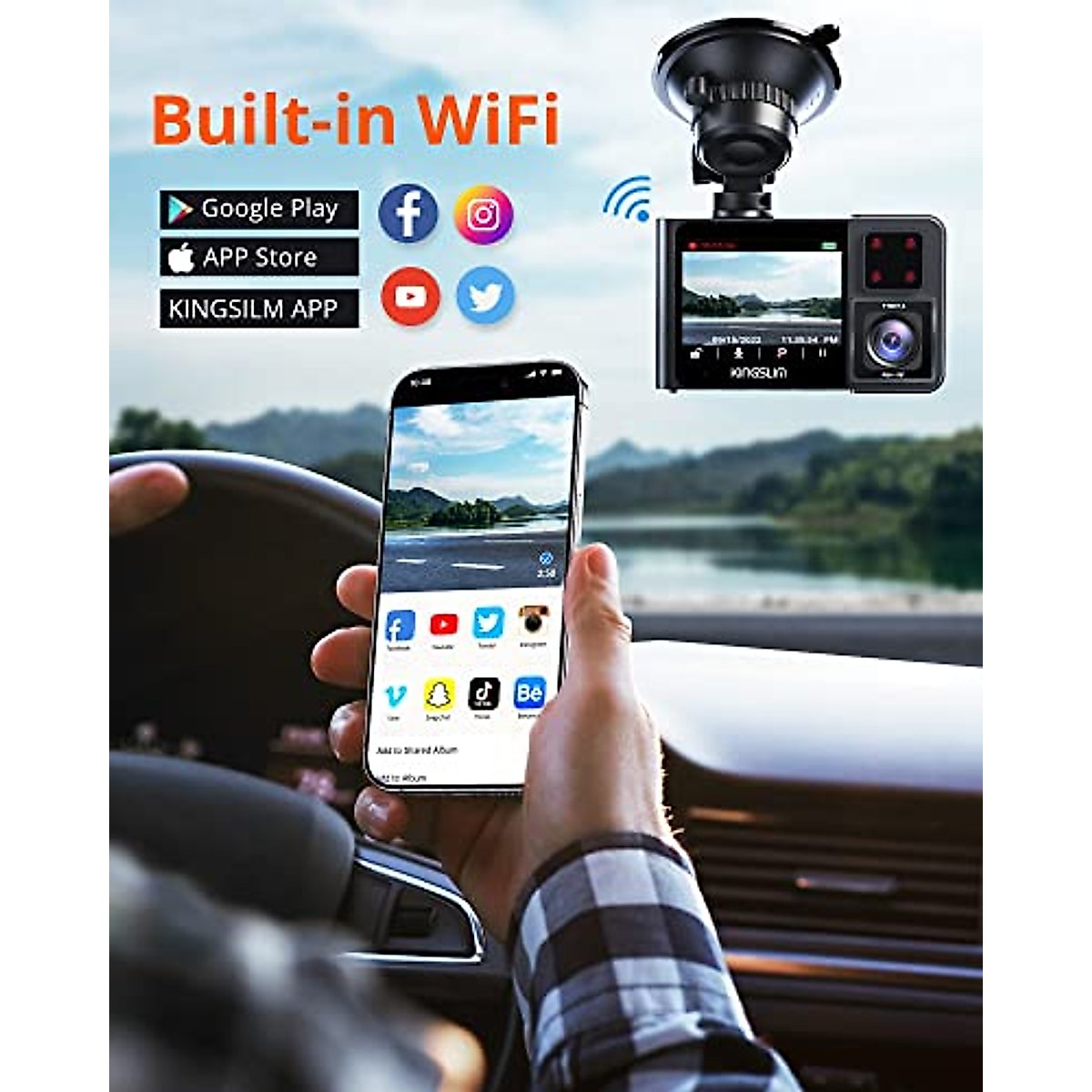 Kingslim D1 pro Dual Dash Cam 4K Record Inside - Front and Inside Dash Camera GPS WiFi for Cars Uber Truck, Dashcam with Infrared Night Vision, G-Sensor, Loop Recording(Upgraded Version)