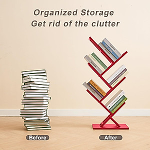 Ymesiyou 5 Tier Tree Bookshelf, Wisdom Tree Bookshelf, Modern Corner Book Shelfe, Small Bookshelf for Small Spaces, Utility Organizer for CDs/Books/Home Office/Living/Bedroom Room-Red