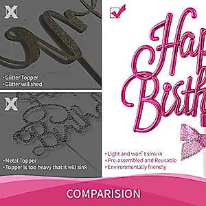 Hot Pink Happy Birthday Cake Topper Plastic - 3D Double Sided Happy Birthday Sign for Cake with Bow, Idea for Birthday Cake Decoration and Birthday Photo Booth Props (HOT PINK)