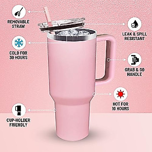 Crave Cups 40oz Tumbler With Handle And Straw l Insulated Stainless Steel Double Wall Spill Proof Water Bottle Travel Mug l Cupholder Friendly Vacuum Sealed Tumblers With Lid (Dusty Pink)