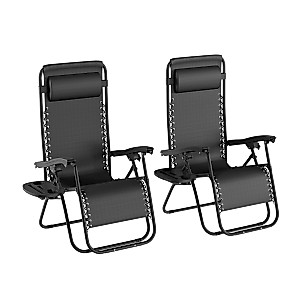 Lavish Home Set of 2 Zero-Gravity Chairs - Folding Patio Furniture - Outdoor Recliners with Side Table, Cup/Phone Holder, and Chair Pillow (Black)
