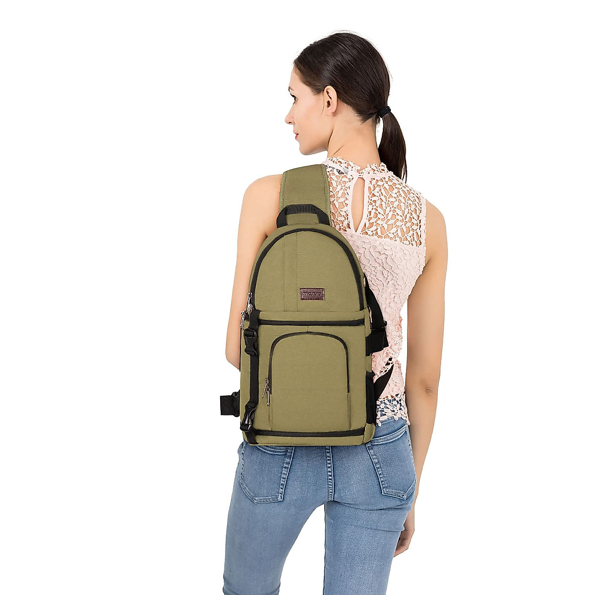 MOSISO Camera Sling Bag, DSLR/SLR/Mirrorless Camera Case Shockproof Photography Camera Backpack with Tripod Holder & Removable Modular Inserts Compatible with Canon/Nikon/Sony/Fuji, Khaki