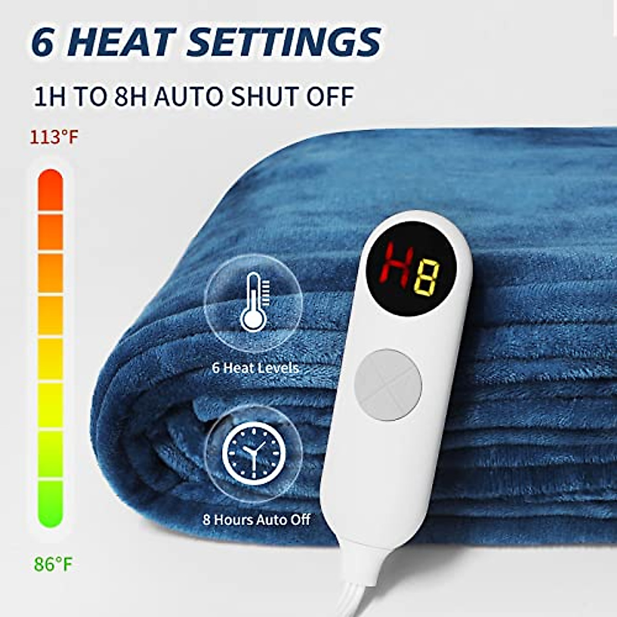 MSDUNOVR Heated Blanket, Electric Blanket Machine Washable, Extremely Soft and Comfortable Heating Blanket with 6 Heating Levels1-8 Hours Timer Auto-Off Overheating Protection (Dark Blue, 50"X60")