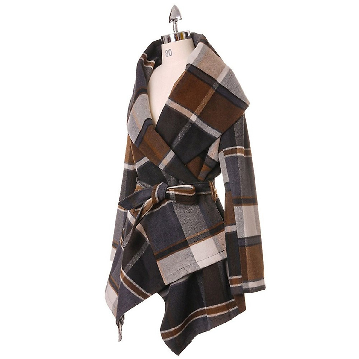 CHICWISH Women's Turn Down Shawl Collar Open Front Earth Tone Check Asymmetric Hemline Wool Blend Coat, Brown, Small