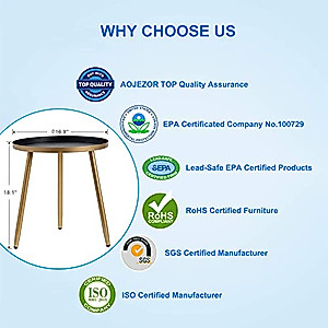 AOJEZOR Round End/Side Tables for Living Room, Bedrooms Narrow Night Stands Cute Pedestal Plant Stand for Balcony, Black Tray with 3 Legged Gold Coffee/ Accent Table