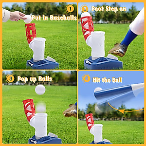 EagleStone 2 in 1 T Ball Set for Kids 3-5, Tee Ball Set for Toddlers with Step on Pitching Machine, Adjustable Batting Tee, Tball Bat and 6 Balls, Outdoor Baseball Christmas Toy Gift for Boys & Girls