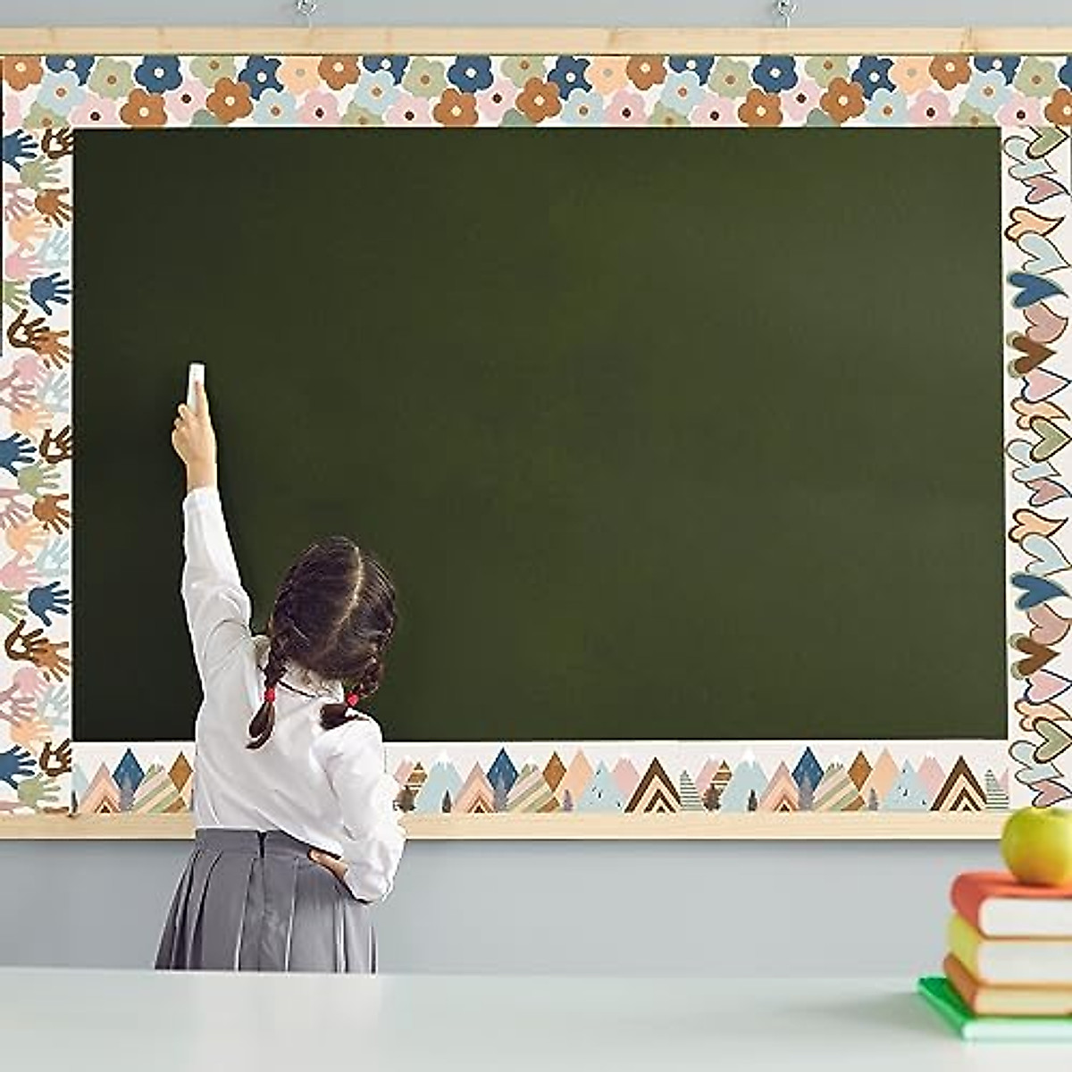 AnyDesign 60Pcs Boho Morandi Bulletin Board Borders with 100Pcs Glue Points 5 Design Heart Rainbow Handprint Die-Cut Trim Borders Classroom Borders for School Classroom Office Chalkboard Decorations